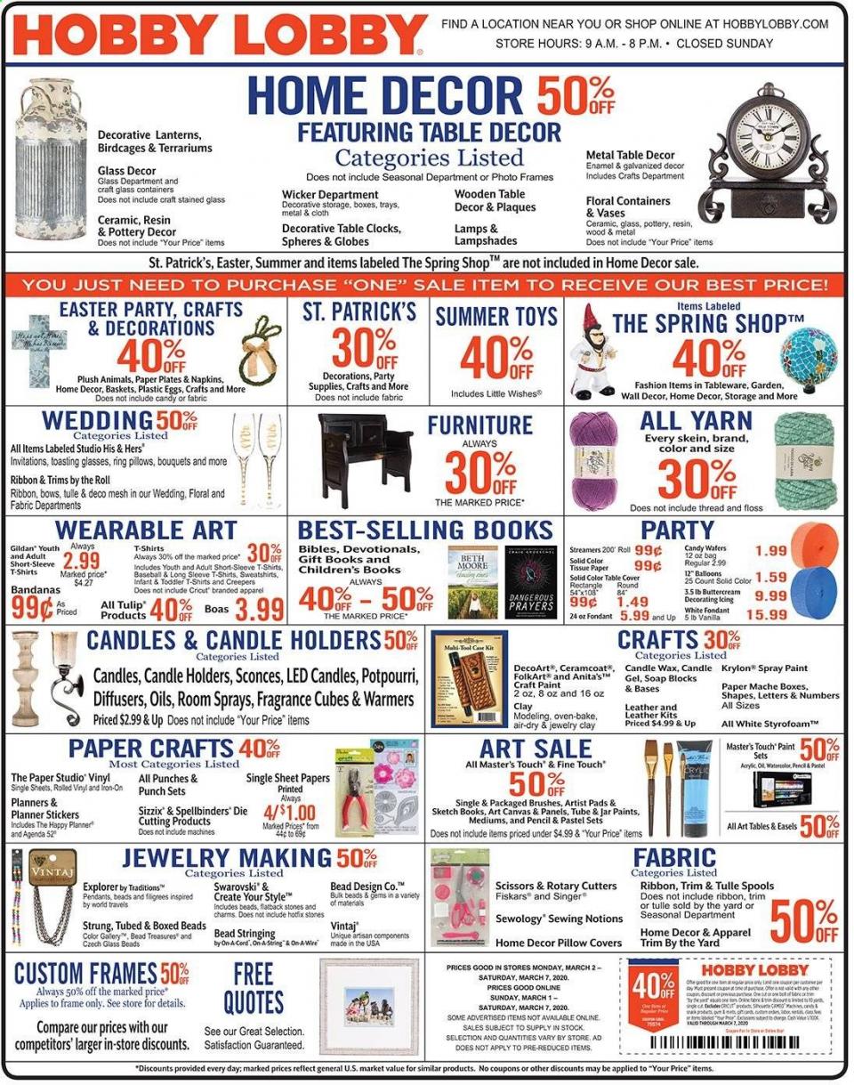 Hobby Lobby Weekly Ad Mar 1 - 7, 2020 - WeeklyAds2